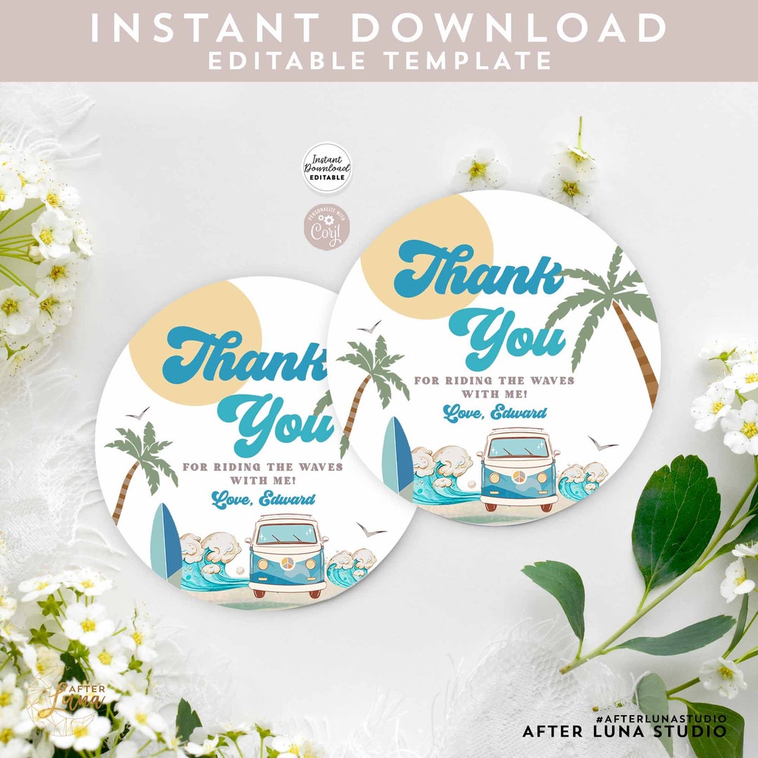 Editable Surf Tag Boy the Big One Surf up Birthday Party Round Favor ...