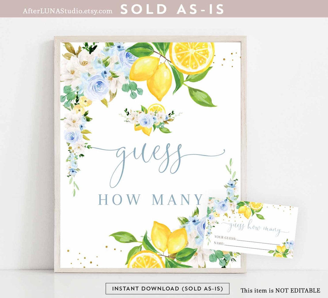 Digital Blue Floral Lemon Guess How Many Sign and Card Game Printable ...