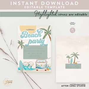 Editable It's a Beach Party Surfing Birthday Party Invitation Retro Boy ...