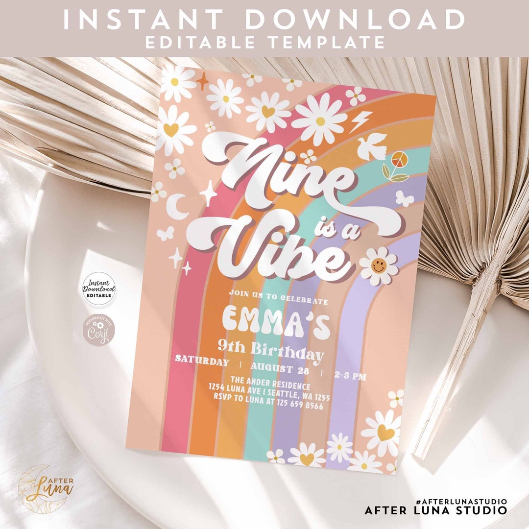 Editable 9th Groovy Birthday Invite Nine is a Vibe Daisy Rainbow Groovy ...