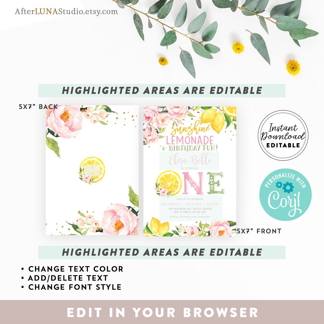 Editable Lemonade First Birthday Invitation Pink Lemon - Etsy