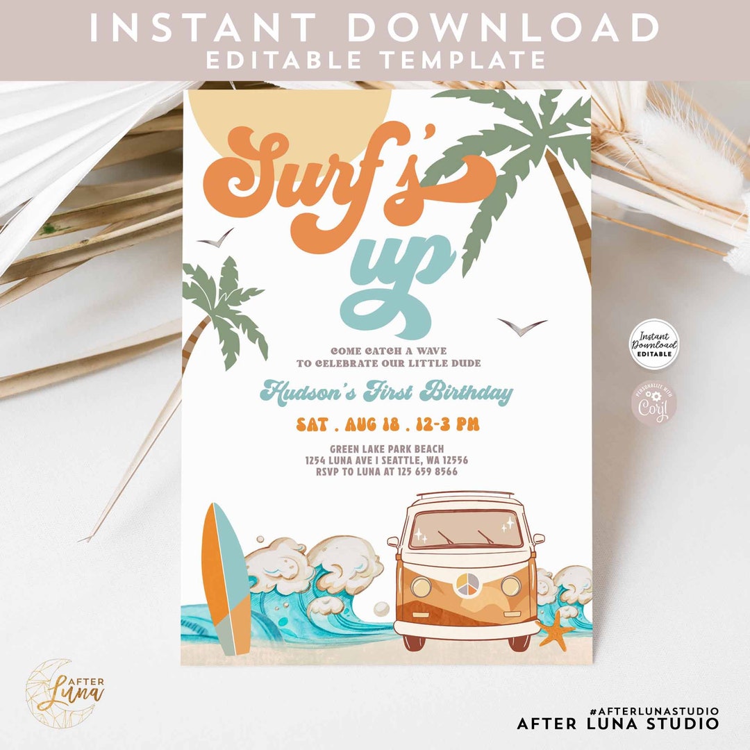 Editable ANY AGE Boy Surf's up Surf 1st Birthday Party Invitation ...