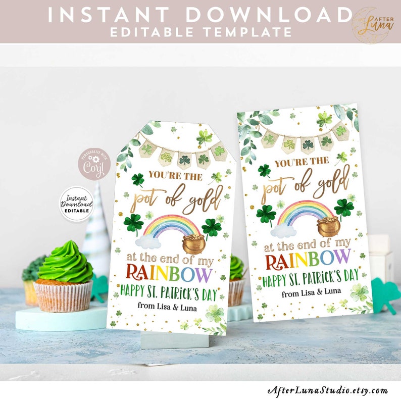Editable St. Patrick's Day Pot of Gold Rainbow Gift Tag - Etsy