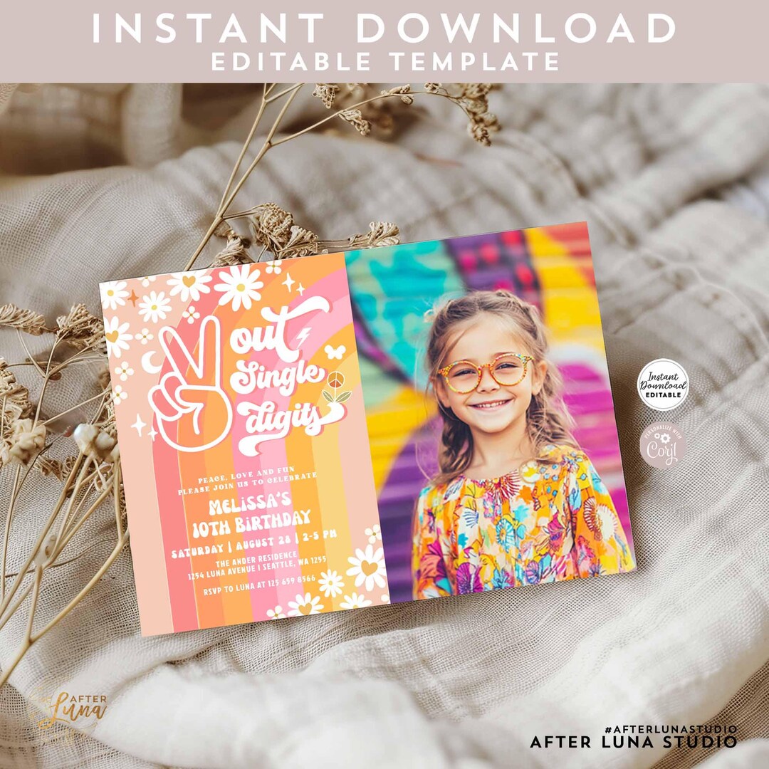 Editable Peace Out Single Digits Birthday Photo Invite Pink Peach 10th ...
