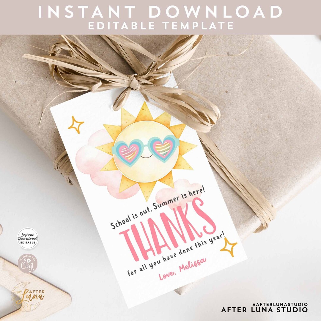 Editable Sun Teacher Appreciation Gift Tags Girl Pink Sunshine School ...