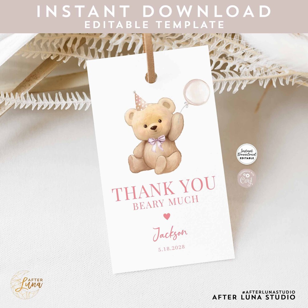 Editable Girl Pink Teddy Bear Birthday Girl Beary First Thank You Favor ...