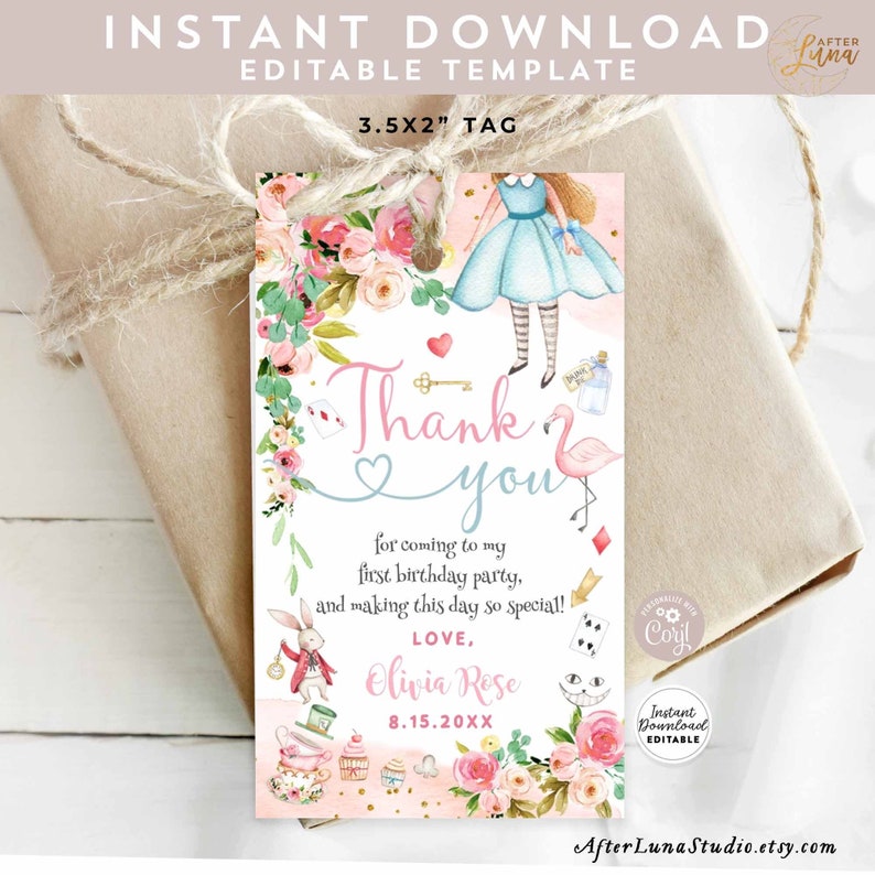 Editable Alice in Wonderland Birthday Thank You 3.5x2 | Etsy