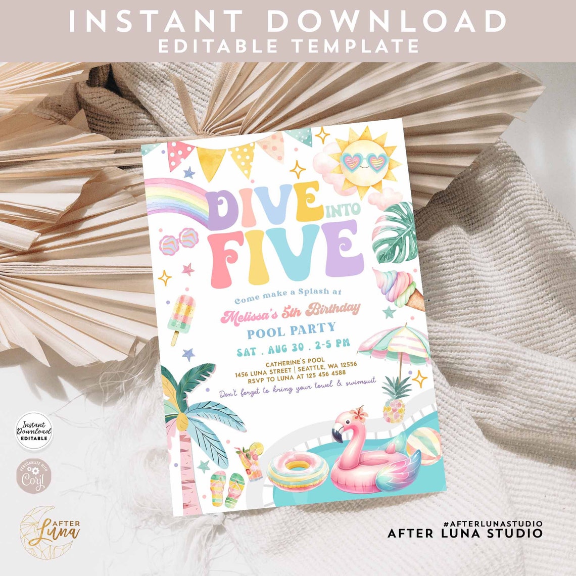 Editable Dive Into FIVE 5th Pool Party Birthday Invitation Girly Pool ...