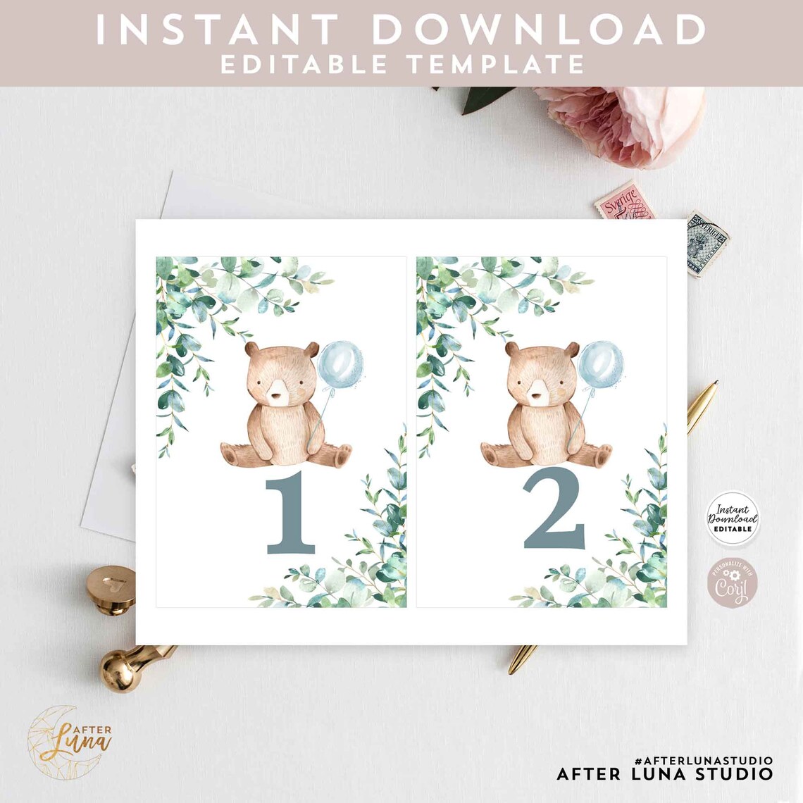 Editable Greenery Blue Teddy Bear 5x7" Table Number Unlimited Numbers ...