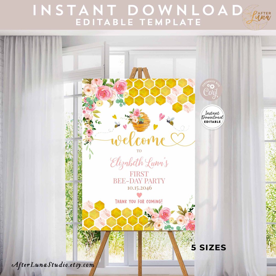 Editable ANY AGE Bee Birthday Pink Floral Honey Bee 1st so Sweet to Bee ...