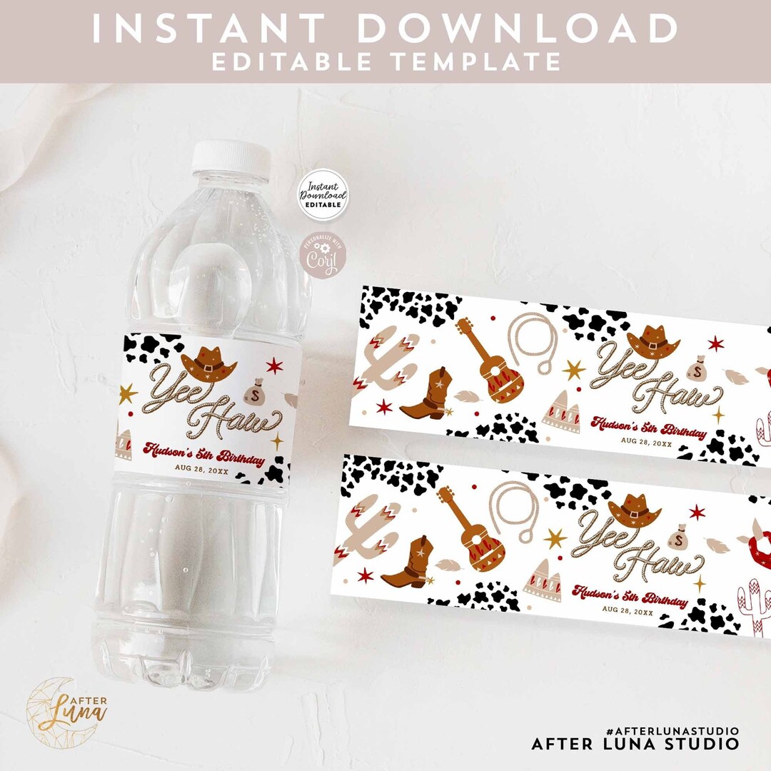 Editable Yee Haw Cowboy Rodeo Boy Ranch Wild West Birthday Water Bottle ...