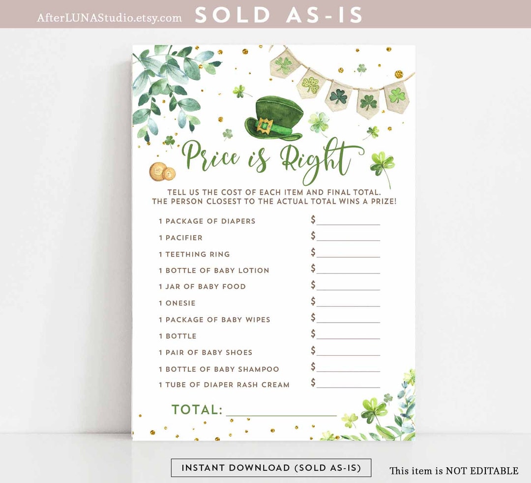 St Patrick's Day Shamrock Price is Right Game Virtual Zoom Baby Shower ...