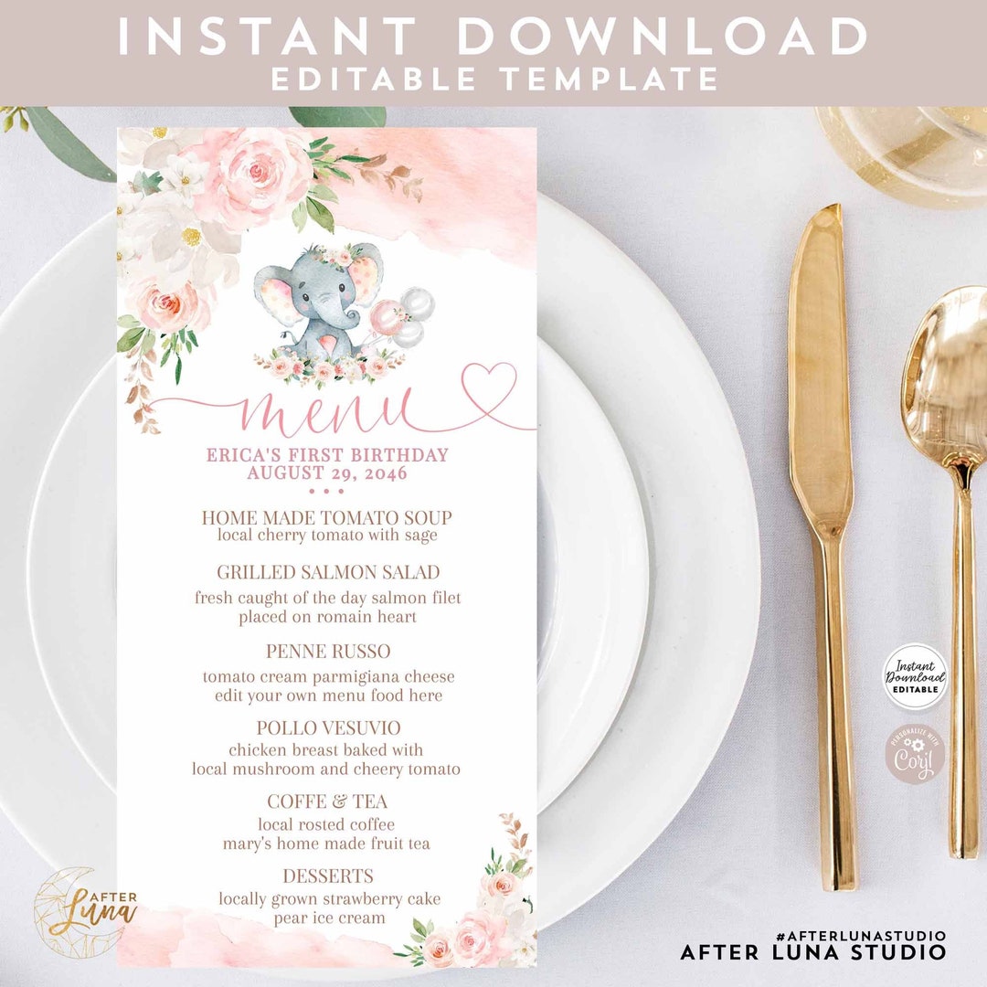 Editable ANY EVENT Pink Floral Elephant Girl Baby Bridal Shower Baptism ...