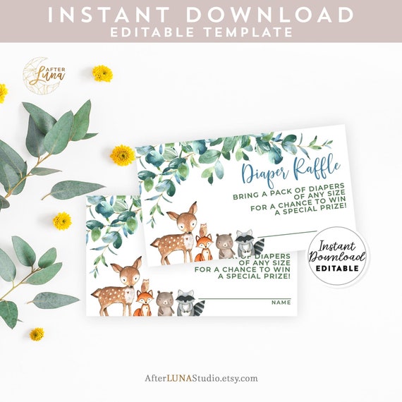 Woodland Diaper Raffle Insert Card Printable Baby Shower Enclosure Card ...