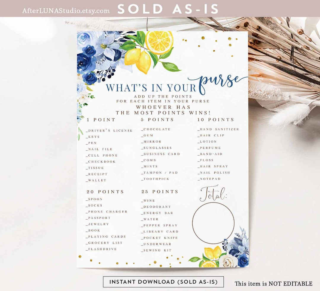 Blue Floral Lemon What's in Your Purse Game Printable Citrus She Found ...