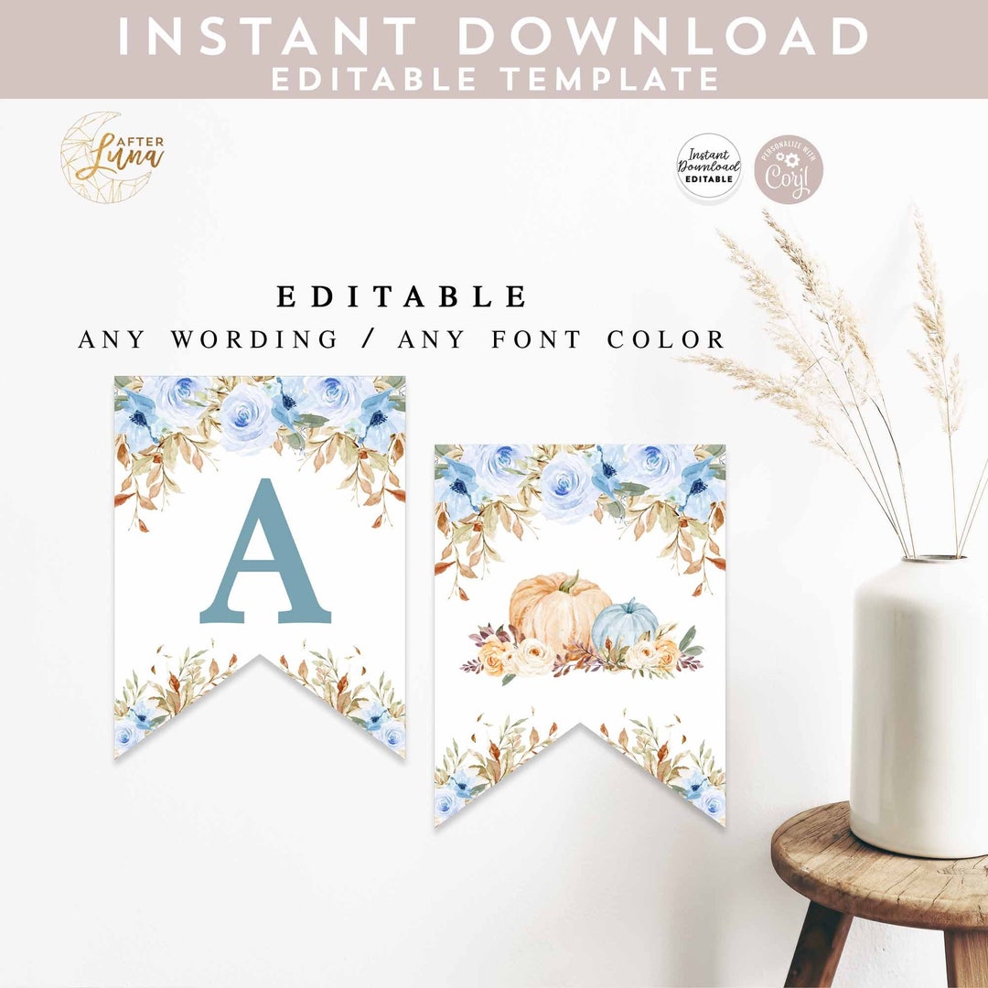 Editable ANY WORDING Pennant Banner 8.5x11" Fall Blue Pumpkin Baby ...