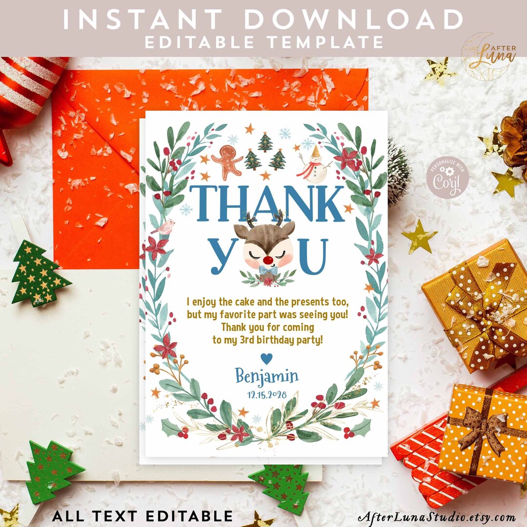 Editable Christmas Boy Reindeer Birthday Thank You Flat Card Reminder ...