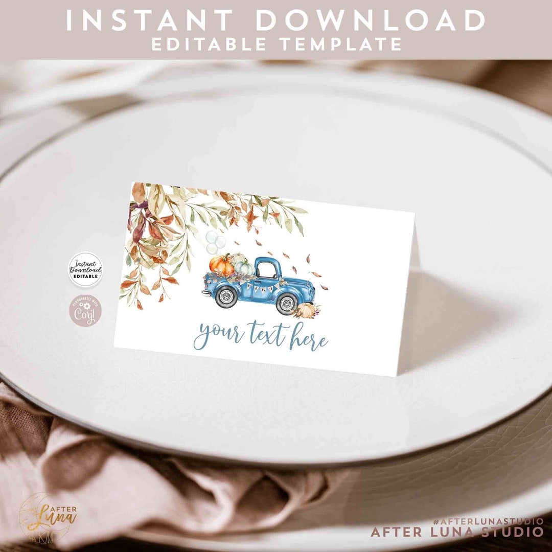 Editable Fall Blue Pumpkin Truck Folded Place Card Folded Place Card ...