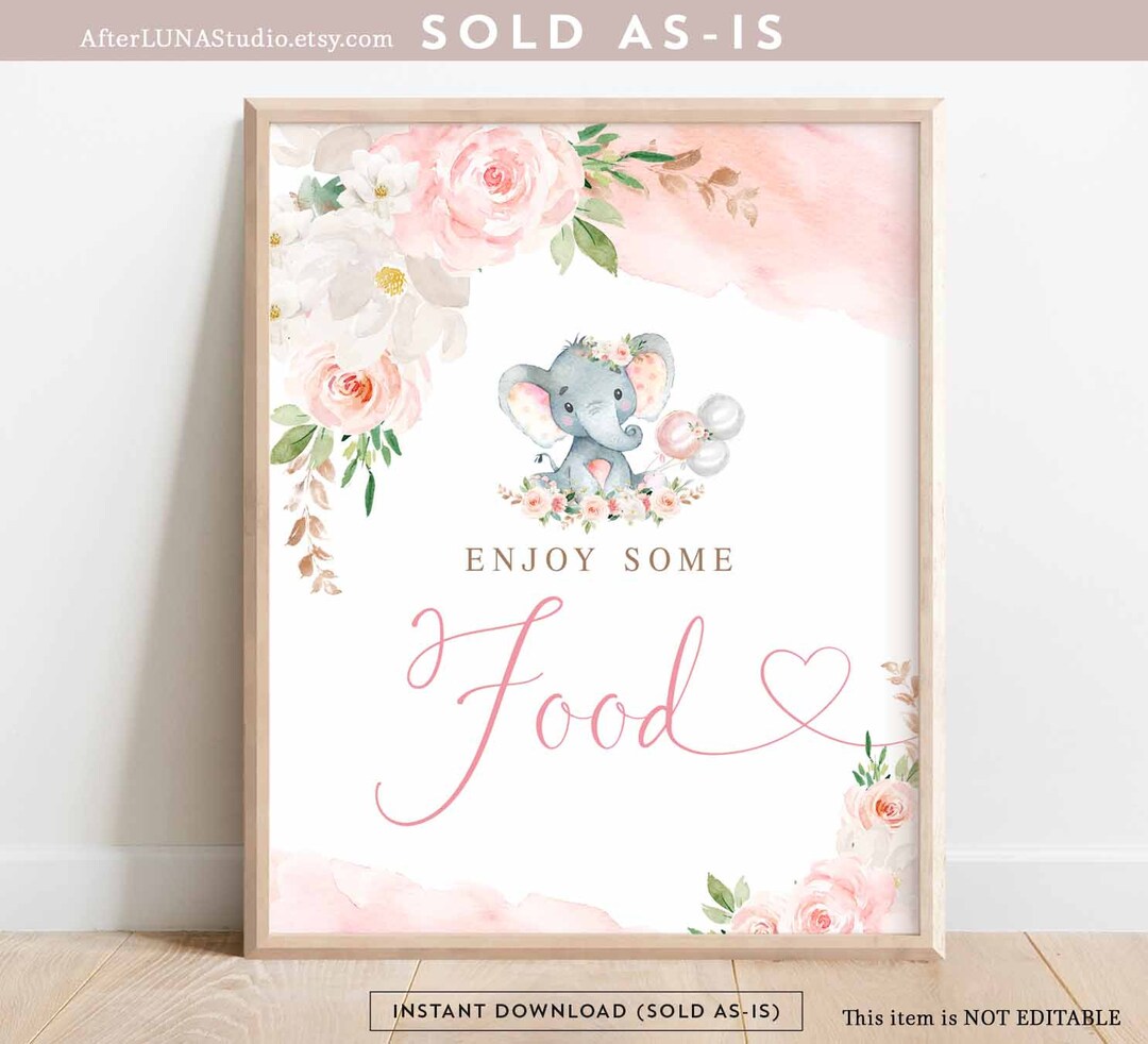 Blush Pink Elephant Enjoy Some Food Sign Little Peanut Girl Elephant ...