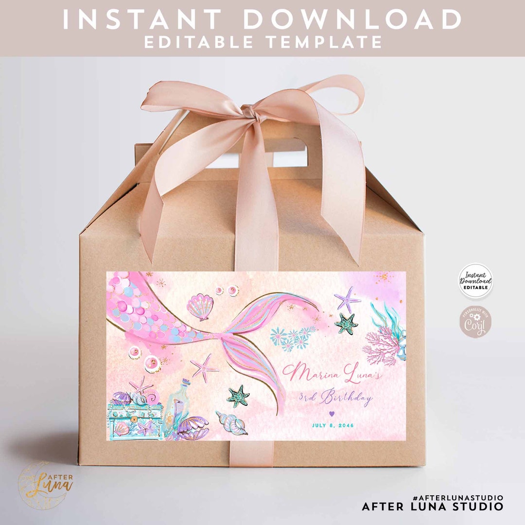 Editable ANY WORDING Pink Mermaid Under the Sea Birthday Label Gable ...