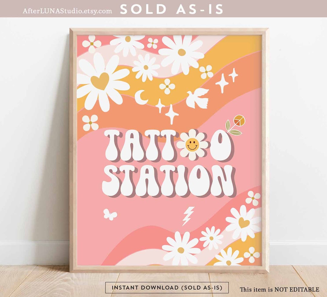 Pink Groovy Birthday Party Decor 70' Daisy Tattoo Station Sign Decor 70 ...