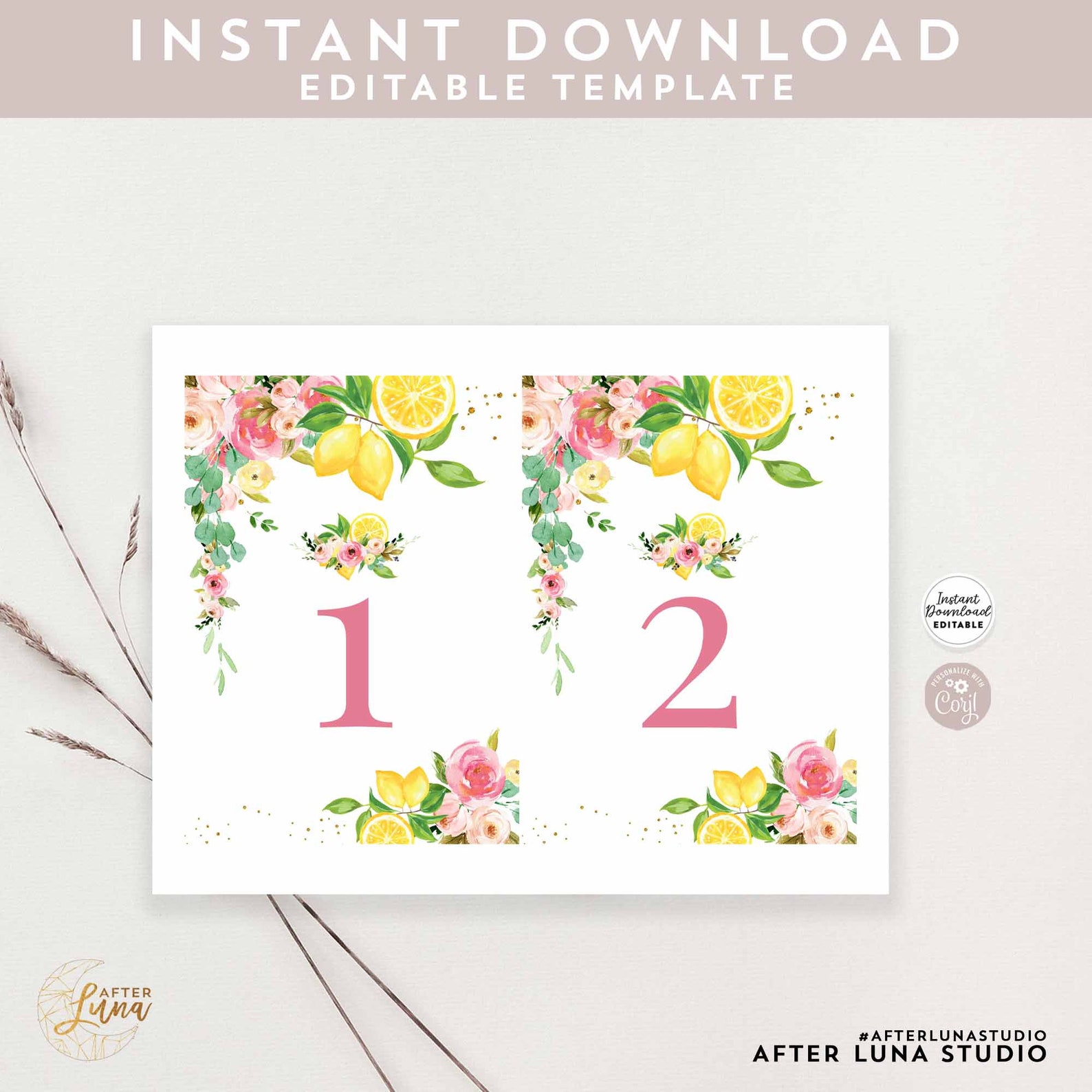 Editable Pink Floral Lemon Table Number Unlimited Numbers Couple Baby ...