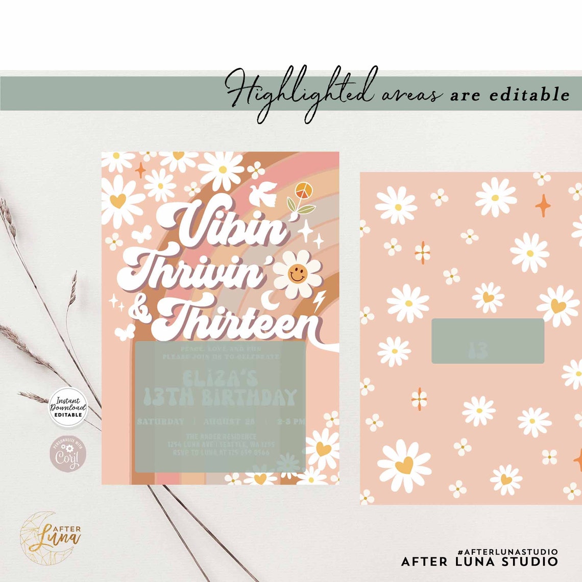 Editable Groovy 13th Birthday Invite Daisy Rainbow Vibin' - Etsy