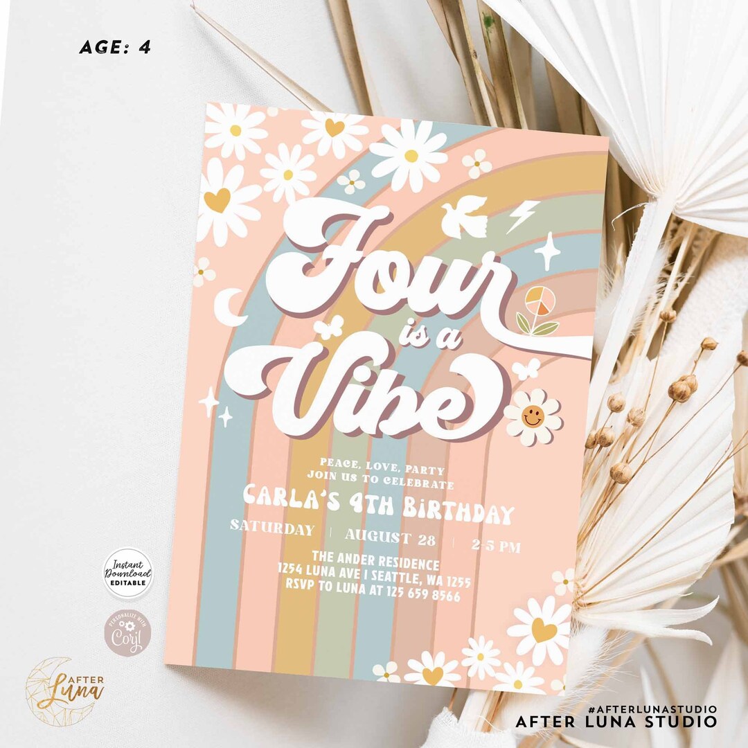 Editable Groovy 4th Birthday Invite Pastel Blue Blush Four is a Vibe ...