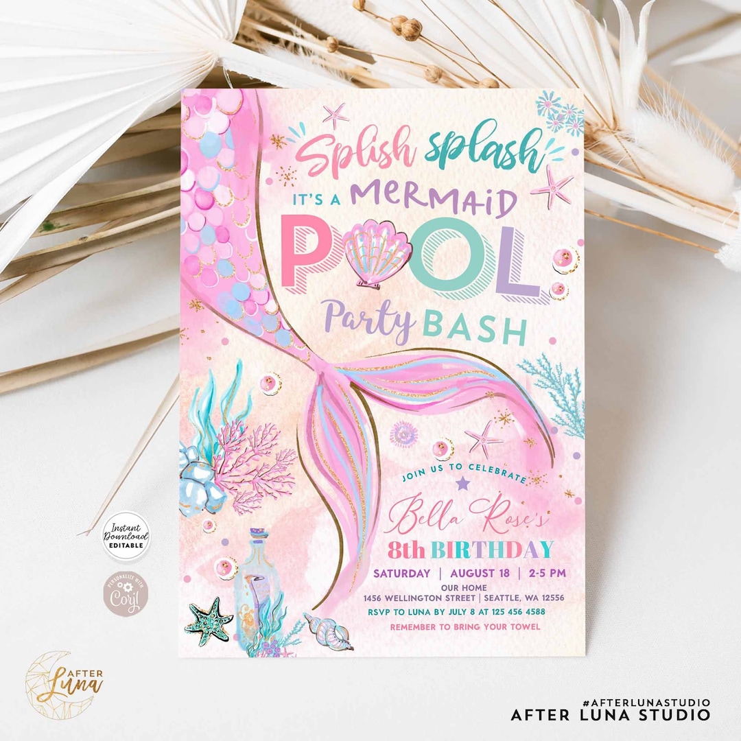 Editable Splish Splash Mermaid Pool Party Invitation Girl Birthday ...