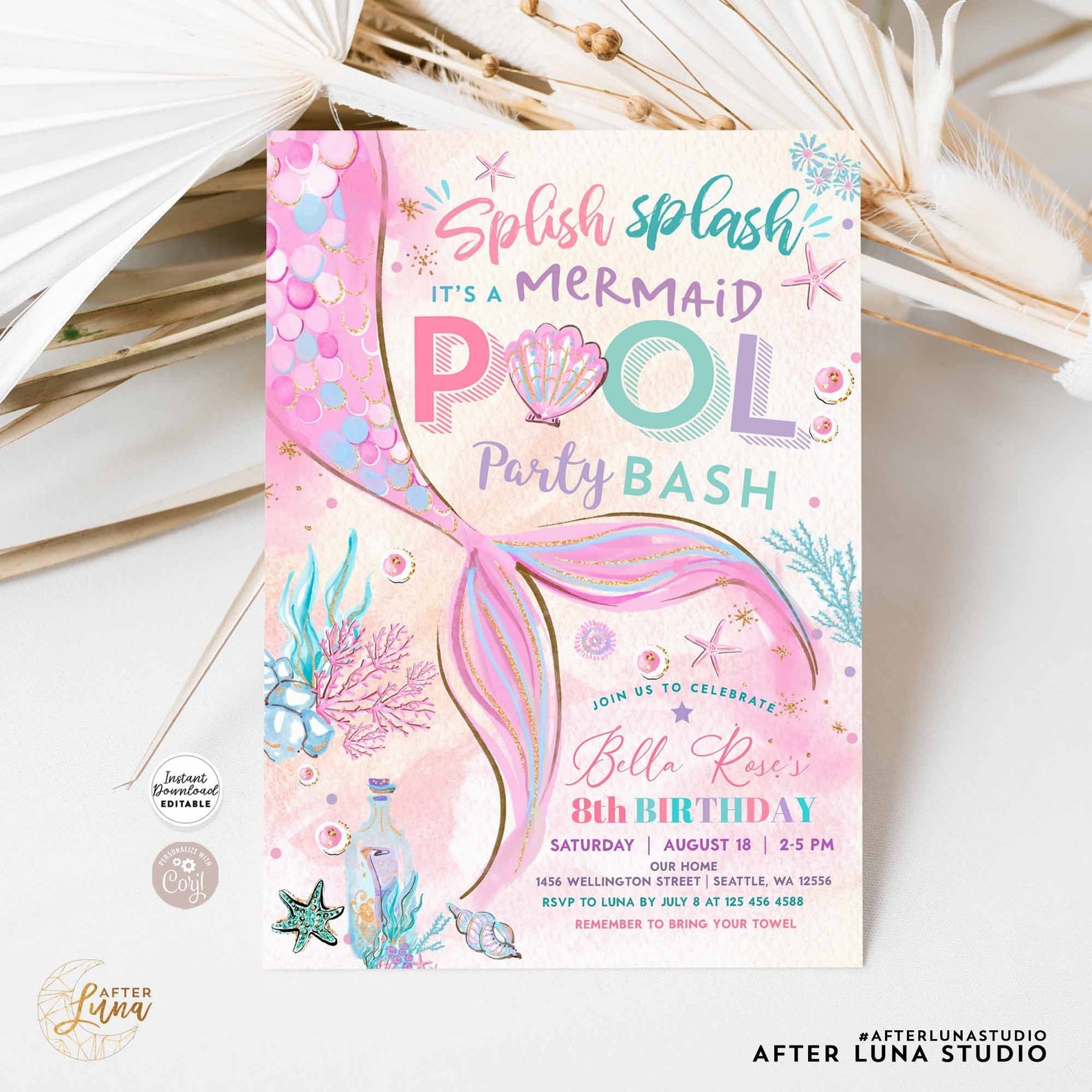 Editable Splish Splash Mermaid Pool Party Invitation Girl Birthday ...