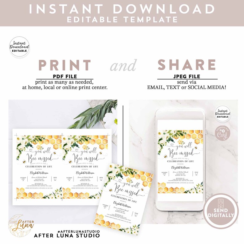 Editable Bee Funeral Invitation Bumble Honey Bee Celebration of Life ...