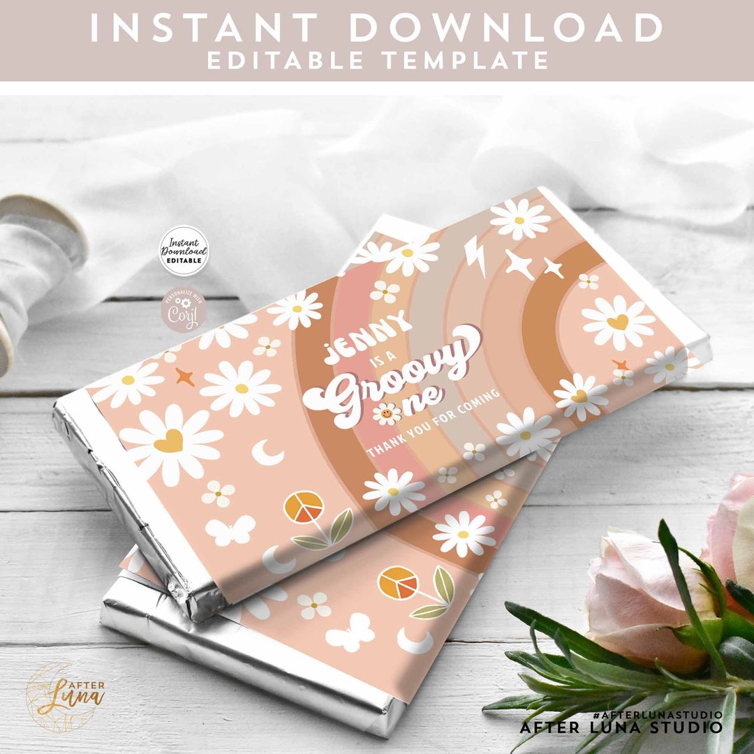 Editable Boho Groovy Daisy Rainbow Birthday Chocolate Bar Wrapper ...