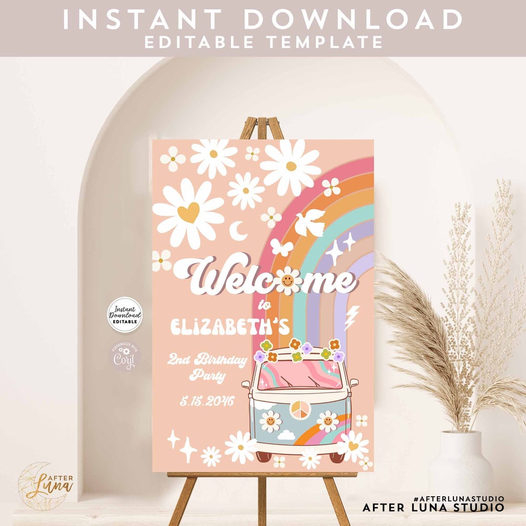 Editable Groovy Van Party Decor Welcome Sign Daisy Groovy Rainbow Blue ...