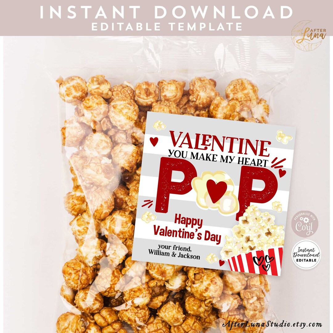 EDITABLE Valentine Popcorn Tags Valentine's Day Treat Favors You Make ...