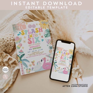 Editable Girl Tropical Splash Into SIX 6th Birthday Beach Party ...
