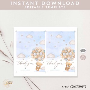 Editable Teddy Bear Hot Air Balloon Bear Folded Thank You Card Baby ...