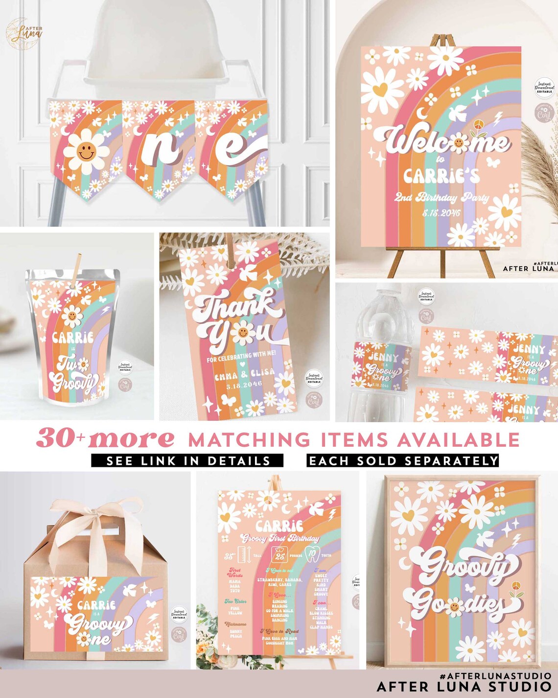 Editable Groovy 7th Birthday SEVEN is a Vibe Daisy Rainbow | Etsy