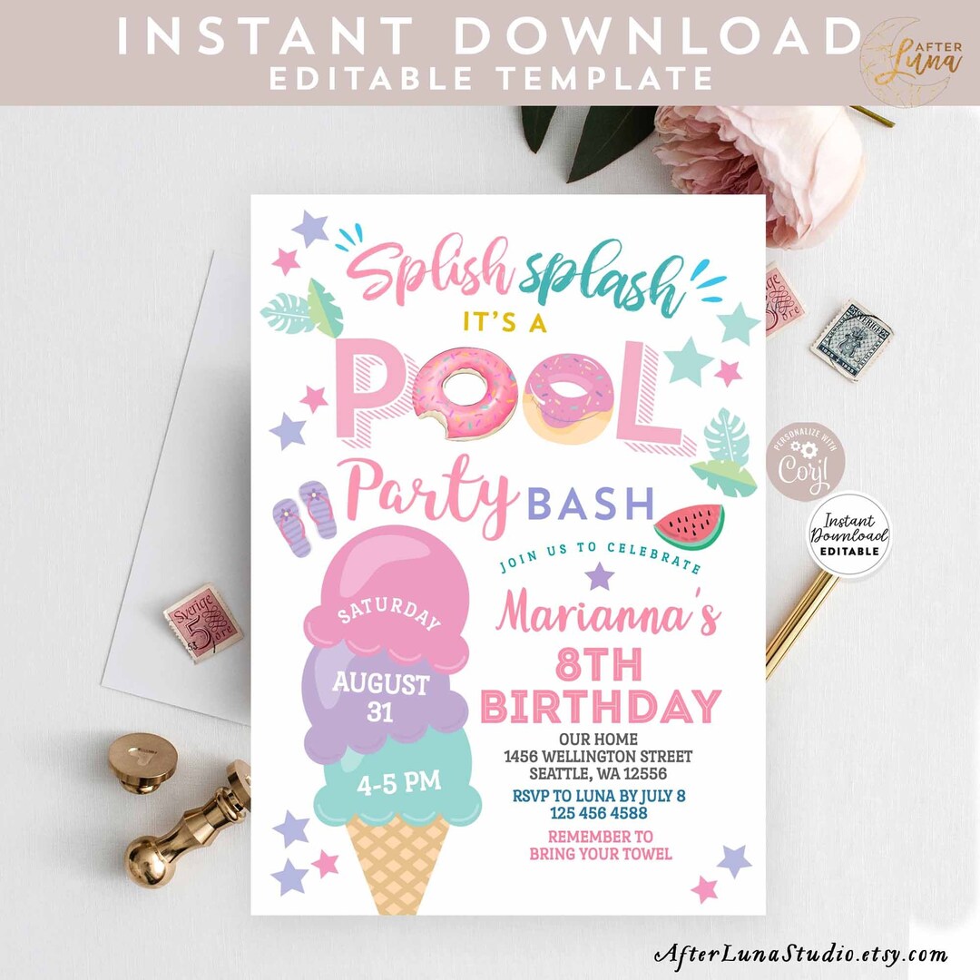 Editable ANY AGE Pool Party Invitation Girl Ice Cream Donut Pool Party ...