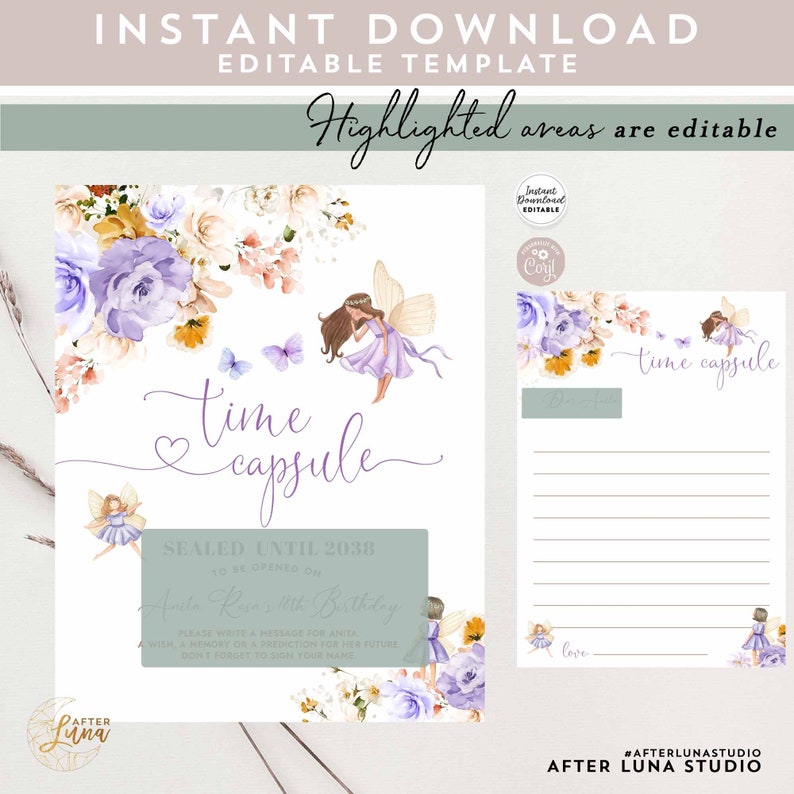 Editable Purple Fairy Wildflower Butterfly Time Capsule Sign Card ...
