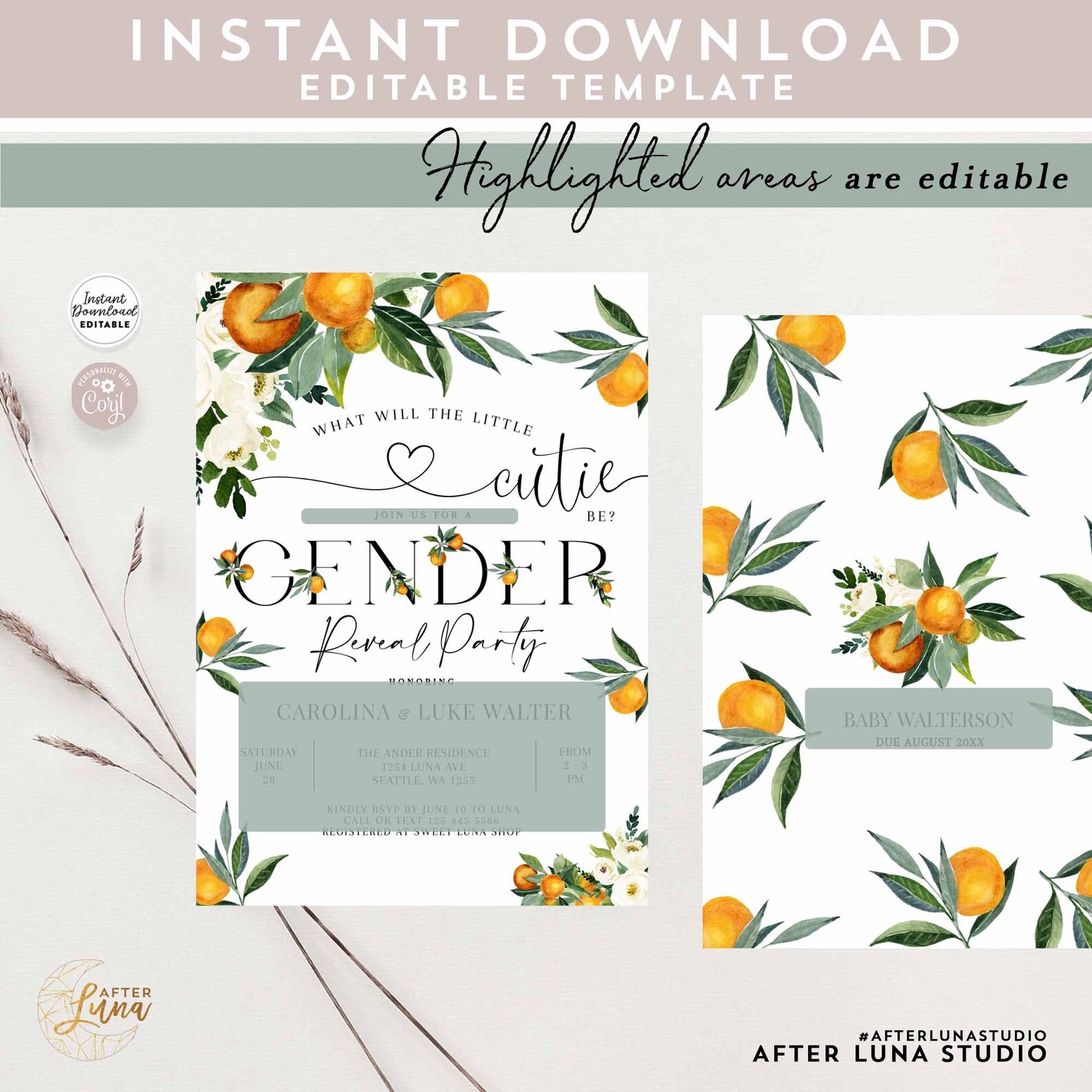 Editable Orange Gender Reveal Party Invitation A Little Cutie is on the ...