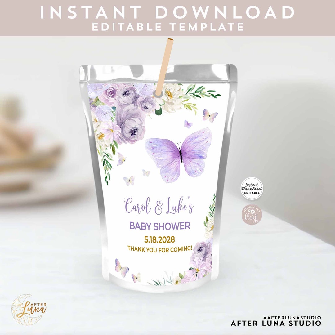 Editable Purple Lavender Purple Floral Butterfly Birthday Capri Sun ...