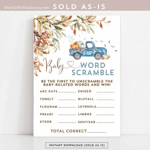 Fall Pumpkin Blue Truck Baby Shower Game Baby Word Scramble Game Fall ...