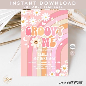 Editable Groovy One Pink Daisy Rainbow Groovy ONE 1st Birthday Invite ...