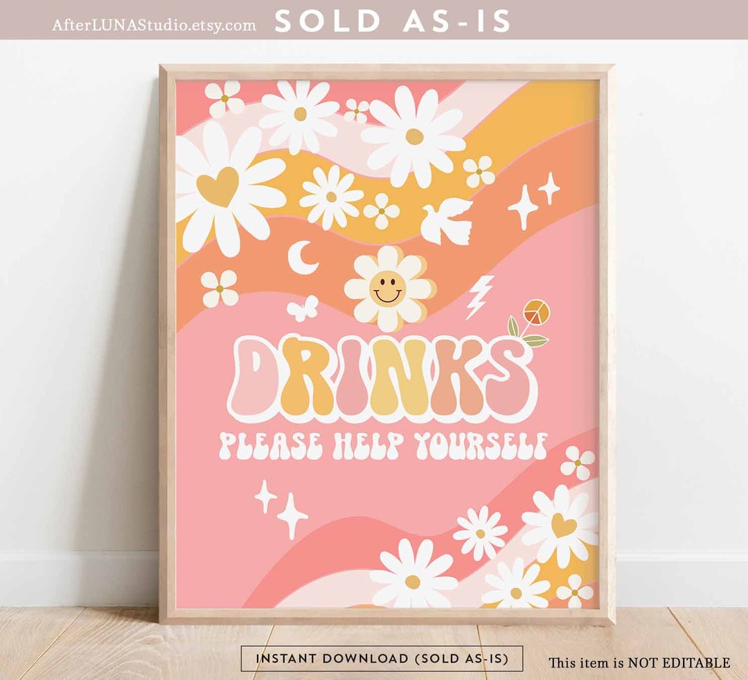 Pink Groovy Birthday Party Decor Peach Pink Daisy Drinks Table Sign ...