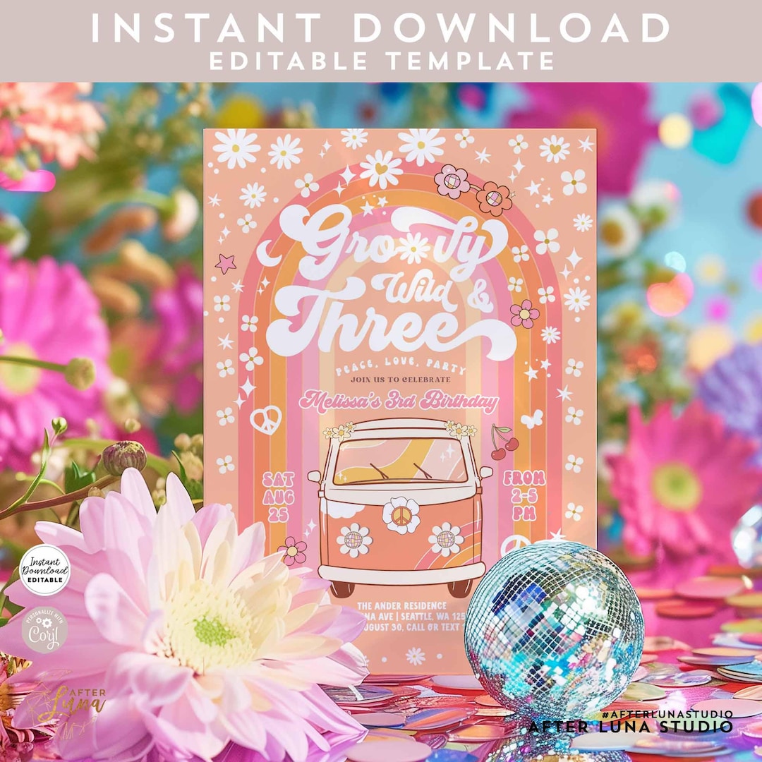 Editable Groovy Wild and Three Van Bus 3rd Birthday Invite Daisy Hippie ...