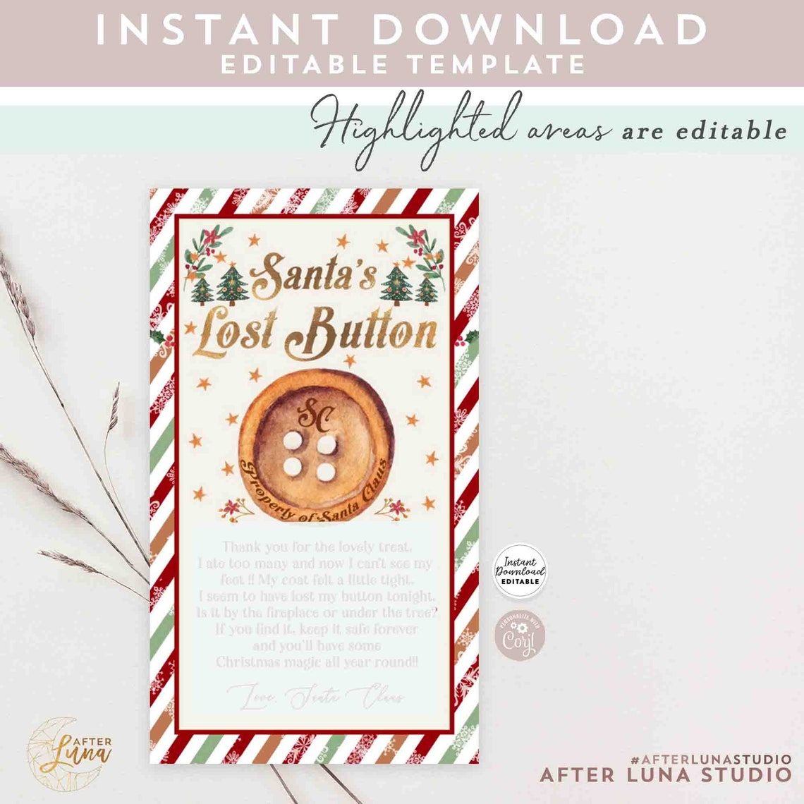 EDITABLE Santa's Lost Button Tag Christmas Lost Button Tag Christmas ...