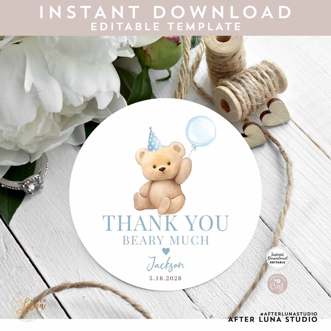 Editable Blue Boy Teddy Bear Birthday Boy Beary First Thank You Favor ...