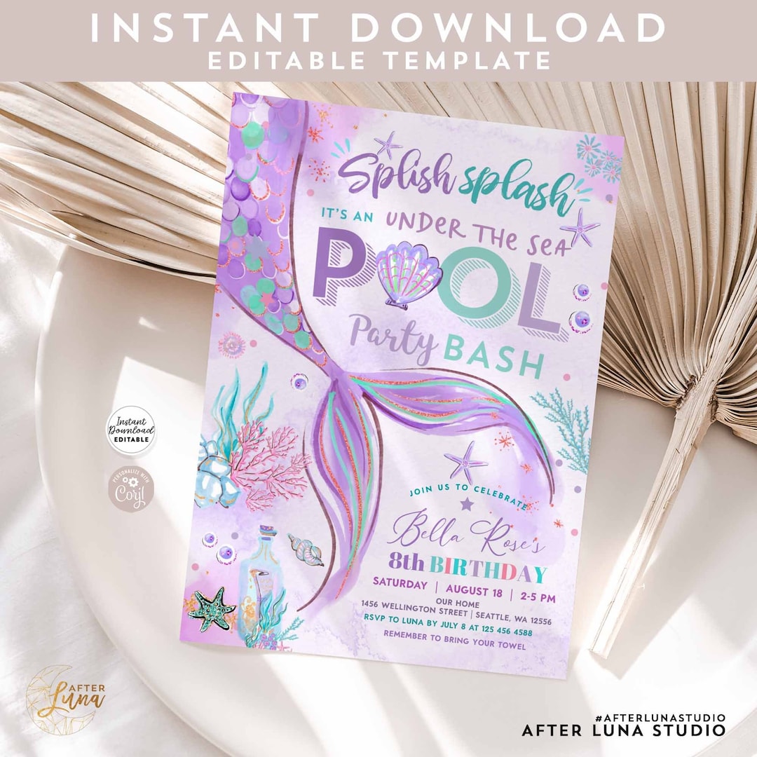 Editable Splish Splash Mermaid Pool Party Invitation Purple Girl ...