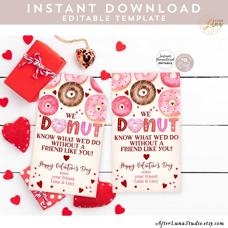 EDITABLE Valentine Donut Tag Printable Heart Friendship Treats - Etsy