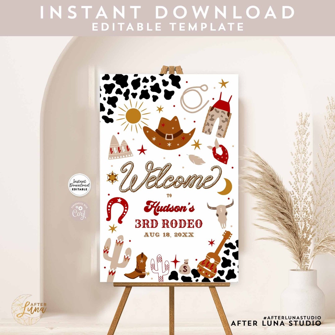 Editable Cowboy Rodeo Boy Ranch Wild West Birthday Welcome Sign ...